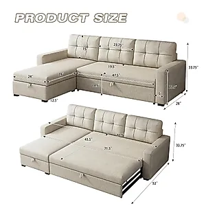 Favfurish 81.5" Sectional Sleeper Sofa with Storage Chaise, L Shaped Pull Out Couch Bed with 3 Removable Back Cushion for Living Room,Apartment,Beige