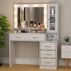 Likein Makeup Vanity with Charging Station, Makeup Vanity Desk with Mirror and Lights, Dressing Table with Nightstand Drawers & Cabinet for Women Girls Bedroom