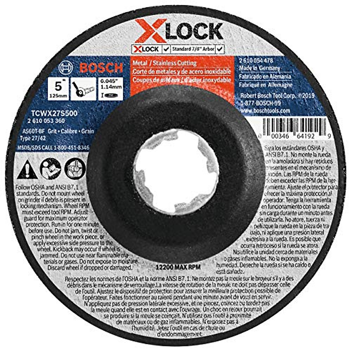 BOSCH TCWX27S500 5 In. x .045 In. X-LOCK Metal/Stainless Fast Cutting Abrasive Wheel 60 Grit Compatible with 7/8 In. Arbor Type 27A (ISO 42) for Applications in Metal, Stainless Steel Cutting