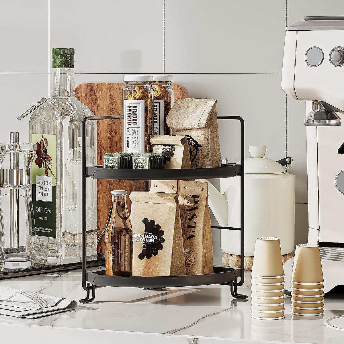 NLBTW 2 Tier Corner Bathroom Countertop Organizer, Stackable Storage Shelf for Vanity Makeup Perfume Shelf, Kitchen Spice Rack or Bedroom Small Object Storage Standing Counter (Black & Black)