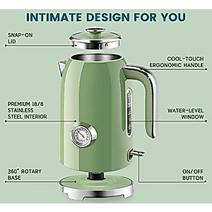 SUSTEAS Electric Kettle - 57oz Hot Tea Kettle Water Boiler with Thermometer, 1500W Fast Heating Stainless Steel Tea Pot, Cordless with LED Indicator, Auto Shut-Off & Boil Dry Protection, Retro Green