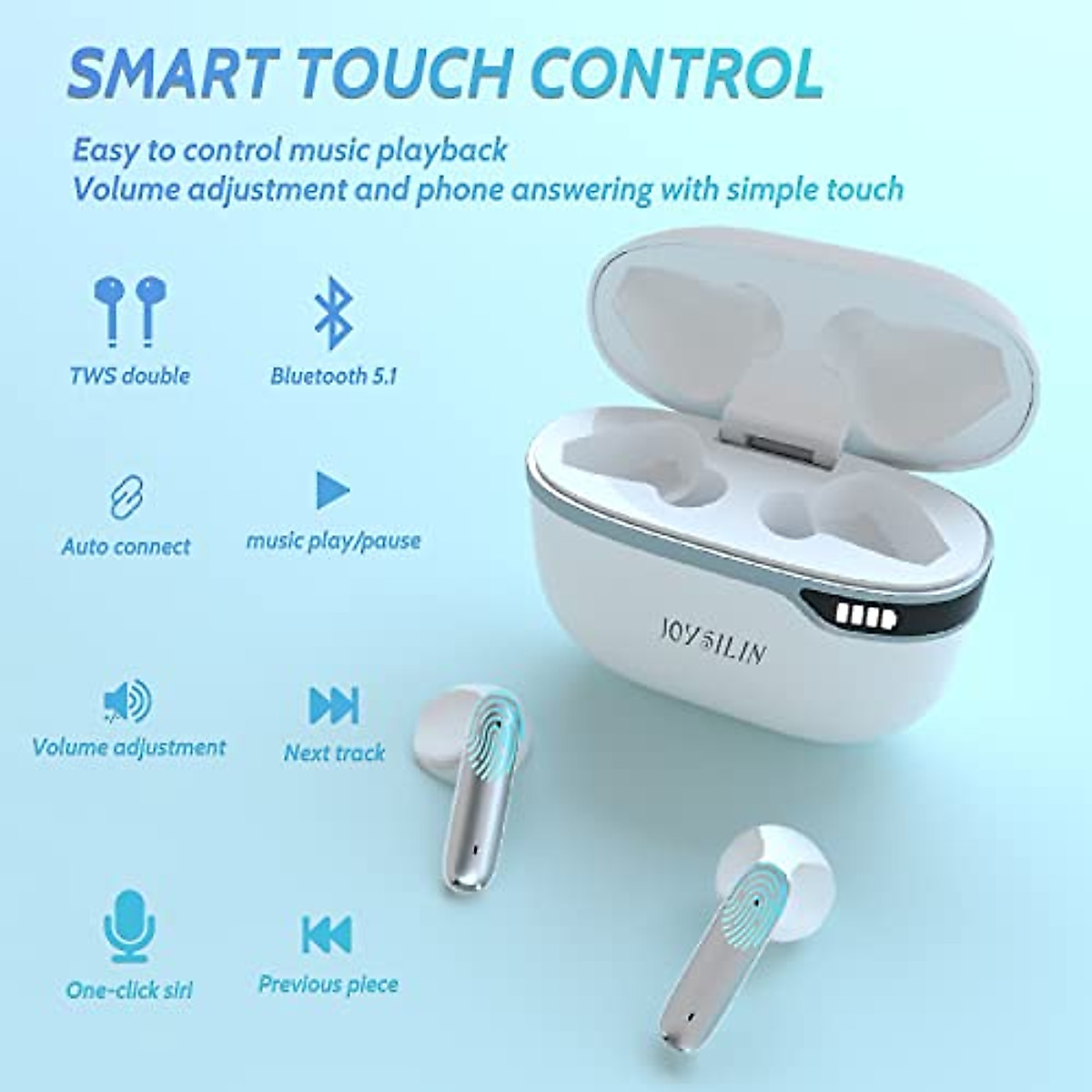 JOYSILIN - True Wireless Earbuds - in-Ear Bluetooth Headphones - Built-in Microphone and Wireless Charging case - 36-Hour Loop - Sports Waterproof - Grey