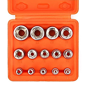 CASOMAN 14 Pieces Female E-TORX Star Socket Set, Female External Star Socket Set, E4 - E24 Torque Socket Set, 1/4"Dr. 3/8"Dr. 1/2"Dr.