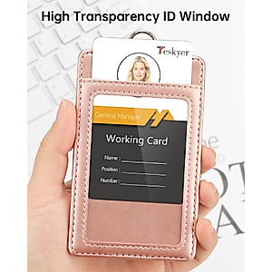 Teskyer Leather ID Badge Holder, Vertical PU Leather ID Badge Holder with 1 Clear ID Window & 1 Credit Card Slot and a Detachable Neck Lanyard (Rose Gold)