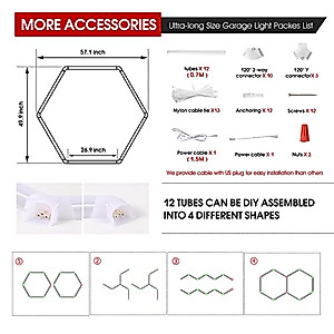 Ultra-Long 70CM 12-Pack Hexagonal LED Garage Light: 210W 21600 Lumens Car Detailing Shop Light, DIY Splicing Ceiling & Wall Decor Lights, for Workshop Basement Gym Warehouse Gaming Room