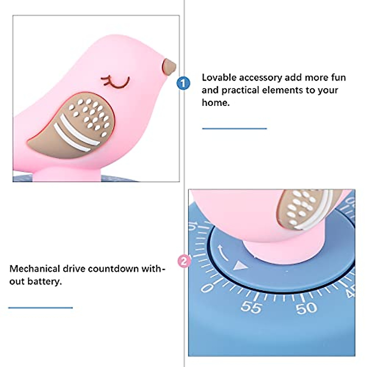SOLUSTRE Mechanical Bird Kitchen Timer Wind Up 60 Minutes Timer Rotating Kitchen Cooking Timer Cute Time Management Tool Pink