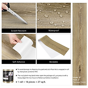 LaCheery 6"x36" 18 Tiles Oak Wood Peel and Stick Floor Tile Bathroom Floor Tiles Peel and Stick Waterproof Vinyl Plank Flooring Sticky Vinyl Floor Tiles for Home Kitchen Bedroom RV Flooring Laminate