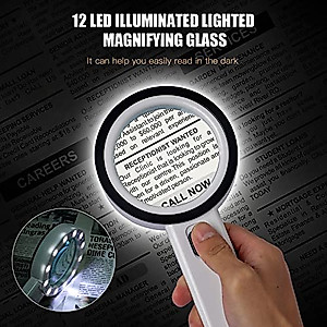 Magnifying Glass with Light, 30X Handheld Magnifying Glass, 12 LED Illuminated Lighted Magnifier for Low Vision Seniors Reading, Macular Degeneration, Soldering, Inspection, Coins, Jewelry, Exploring