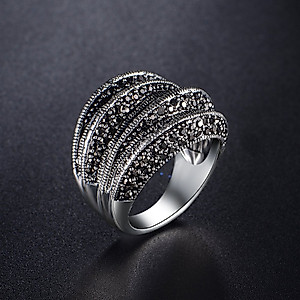 Mytys Marcasite Rings for Women Retro Black Onyx Cocktail Band Ring Statement Rings for Women (marcasite size 8)
