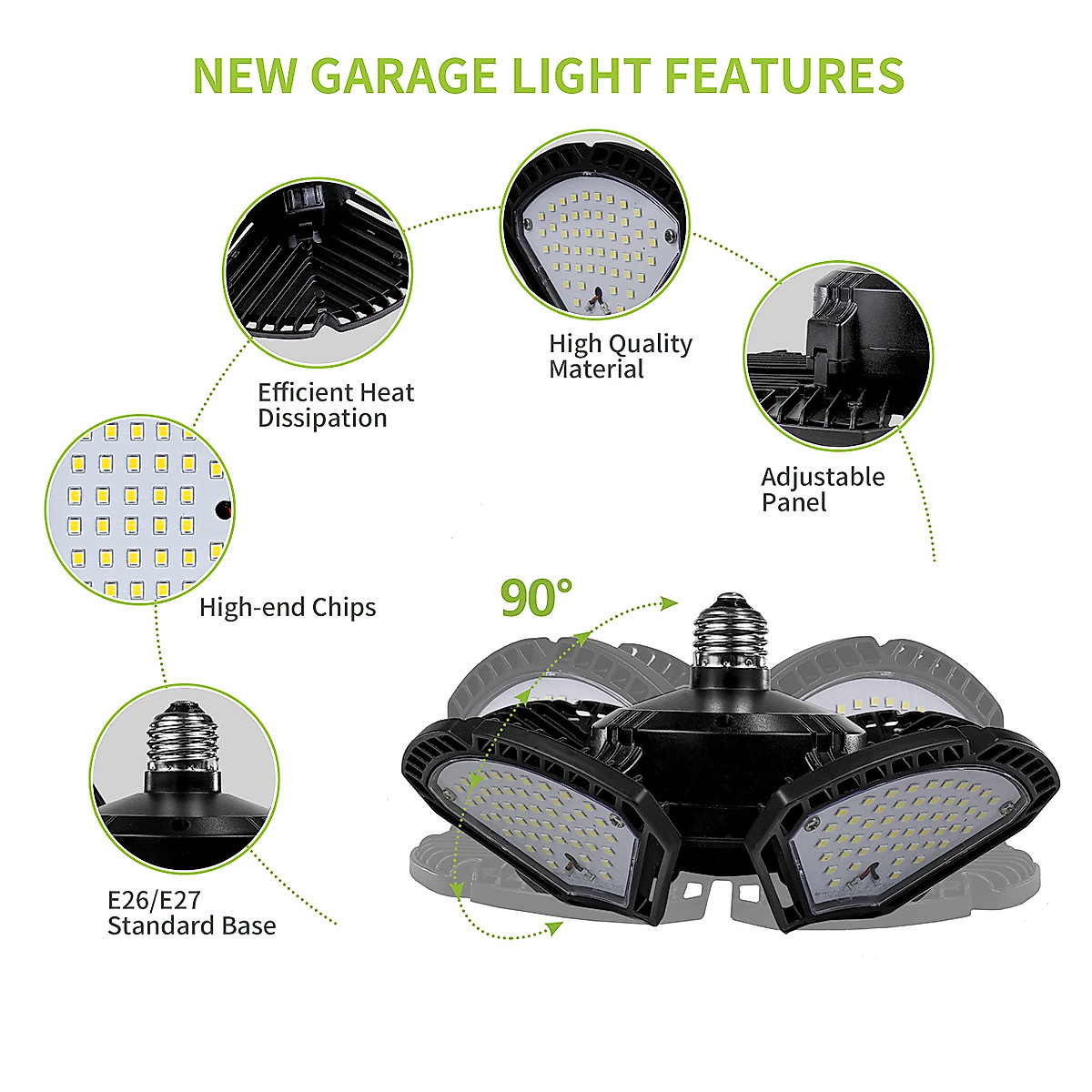 PINEGREEN LIGHTING LED Garage Light, Features Down Light Design 15000LM Ultra Bright Energy Efficient 100W (900W Equivalent) Premium Metal Housing Deformable 4 Adjustable Panels 15000 Lumen E26 Base
