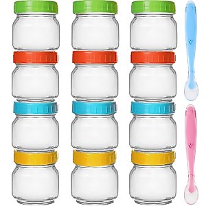 GoldArea 12 Pack Baby Food Containers, 8 oz Glass Storage Containers with Lids, Baby Feeding Supplies, Glass Snack Containers for Kids, Glass Baby Food Jars, 2 Pcs Baby Spoons Included