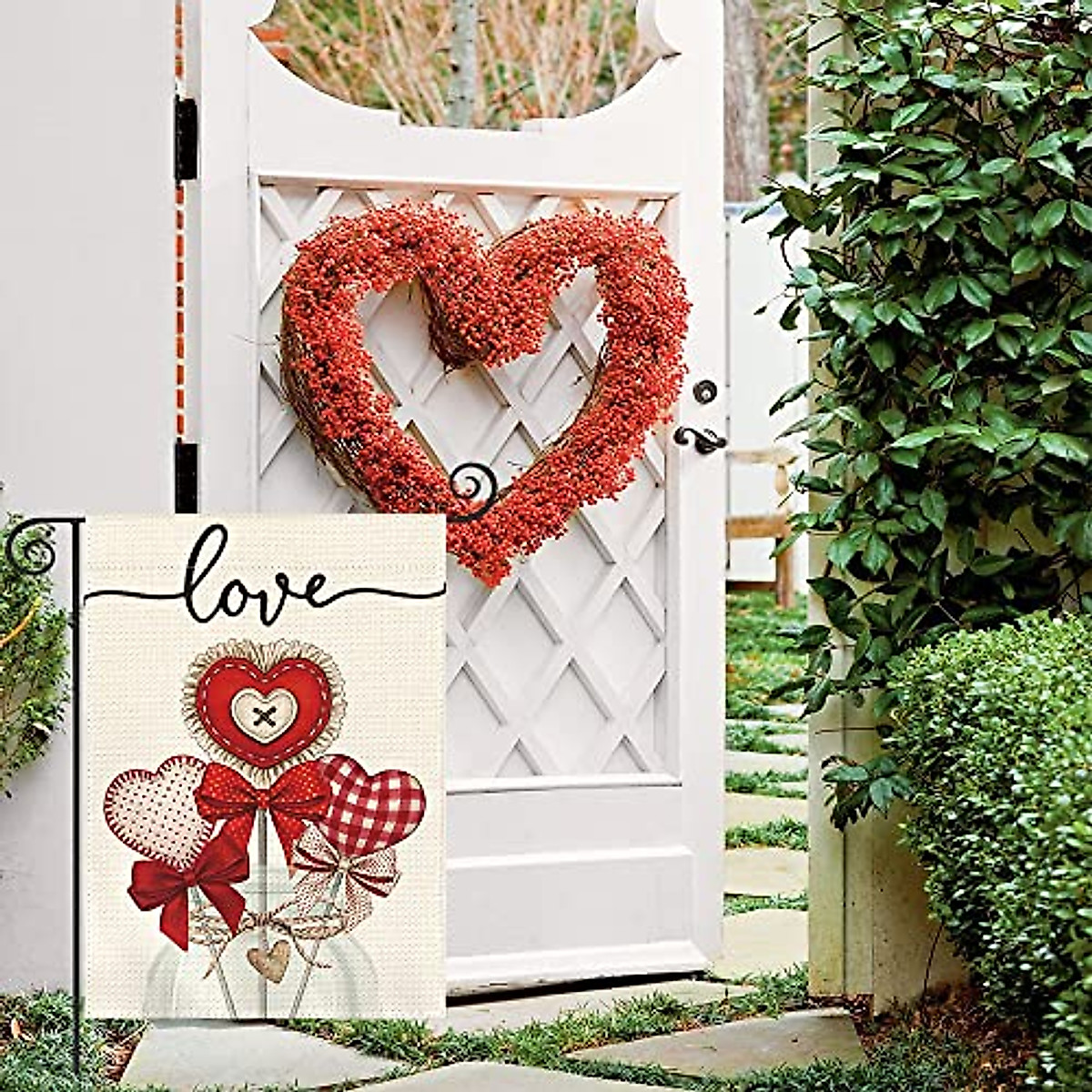 AVOIN colorlife Valentine's Day Love Garden Flag 12x18 Inch Double Sided Outside, Love Heart Bow Anniversary Yard Outdoor Flag