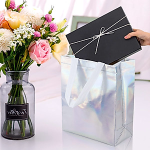 ISUSSER 24 Pack Holographic Gift Bags With White Handles Non Woven Reusable Handled Gift Bags Iridescent Tote Bags Glossy Welcome Bags for Shopping Birthday Party Wedding, 8 x 4 x 10 Inch