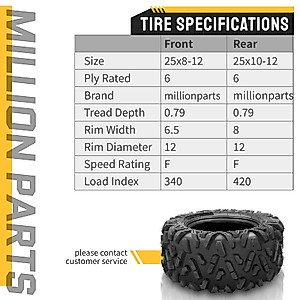 TUFFIOM Set of 4 ATV UTV All-terrain Tires 25x8-12 Front & 25x10-12 Rear, 6 PR, Tubeless