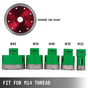 VEVOR 5PCS Diamond Hole Saw Set, Diamond Drill Core Bits with Saw Blade, Heavy Duty Hole Saw Arbor 0.87"/1.4"/1.6"/2"/2.5" M14 Thread Carborundum Granite for Glass, Ceramics, Porcelain, Ceramic Tile