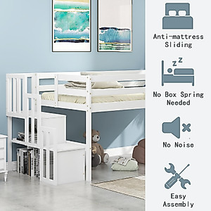 Twin Size Wooden Loft Bed Frames with Storage Staircase, Modern Country Loft Bed with Security Fence, Easy Assemble for Bedroom Small Living Space Boys Girls Adults Teens, Noise Free (White)