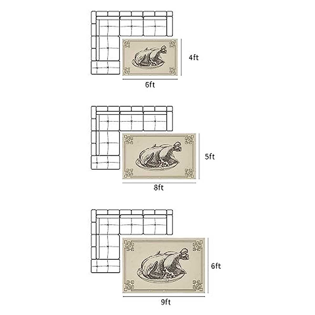 Indoor/Outdoor Area Rug Thanksgiving Turkey Retro Lines Border Carpet for Patio/Backyard/Porch/Deck, Sketch Black Food Camping RV Rugs Mat Water Absorb Non-Shedding Home Floor Pad-4'x6'