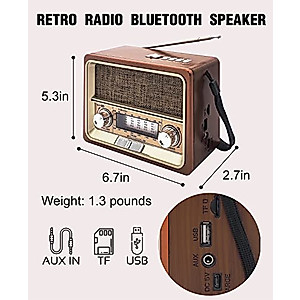 Videyas Portable Shortwave Retro Radio, AM FM Retro Radio, with Bluetooth Speaker, Best Reception, Rechargeable Battery, Torch, AUX TF USB Stick, Great for Outdoor Kitchen Gifts