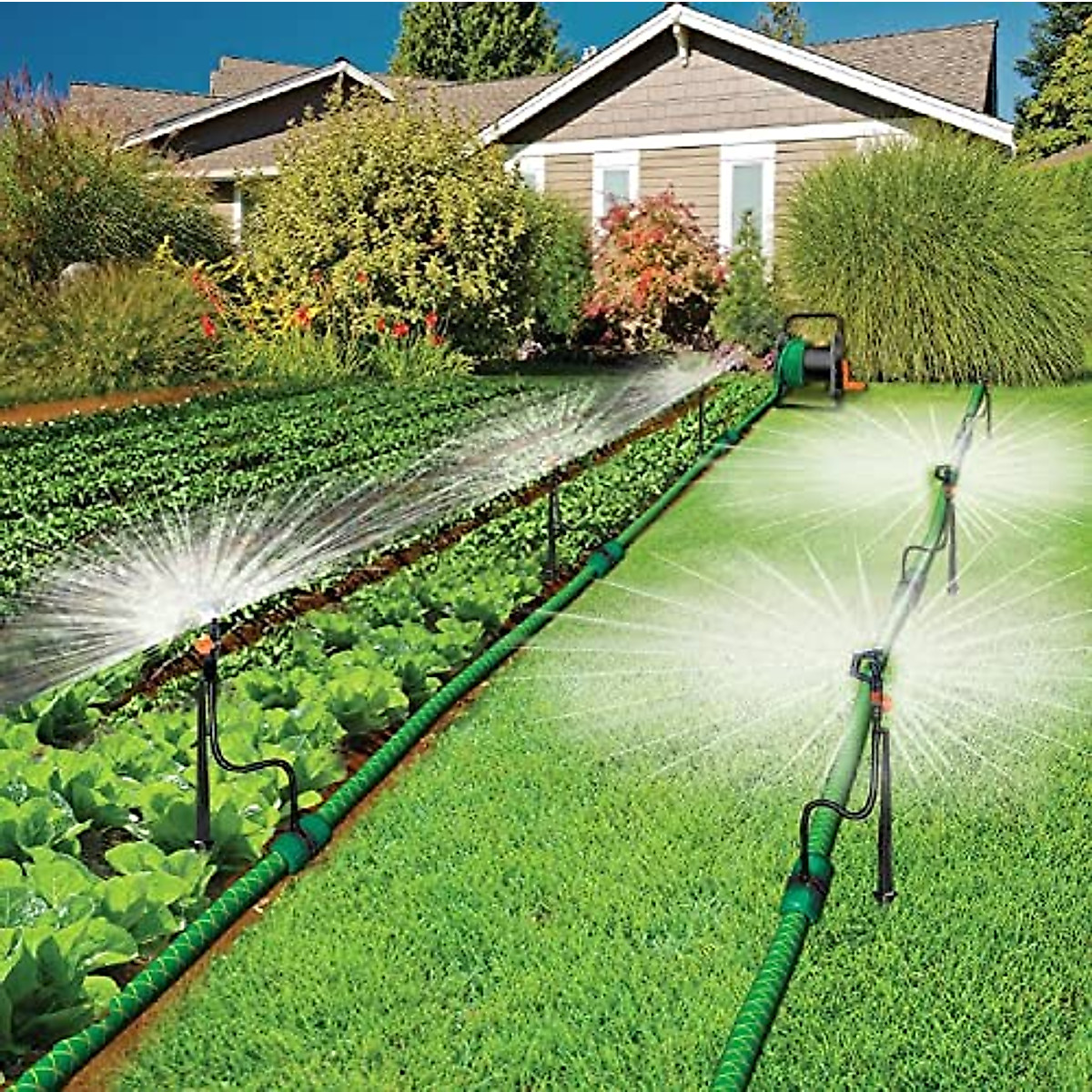 Lily's Home Above Ground Sprinkler System. DIY Irrigation System for Raised Garden Bed, Grass, Shrubs, Flowers, Vegetables. 6 Micro Sprinklers Set Connecting Directly to Your Garden Hose