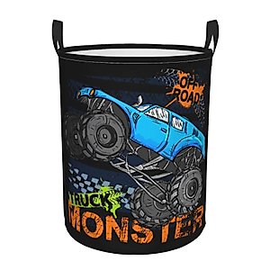 Gbuzozie Monster Truck Print Round Laundry Hamper Storage Basket Toys Clothes Organizer Bin For Home Bathroom Bedroom Dorm Nursery, 62l