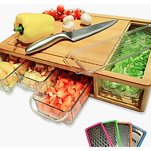 HEY PANDA Organic Bamboo Cutting Board With Containers and Lids 13pc set. Use as a Meal Prep Station. Designed with deep Juice Grooves, Handles, Rounded Corners and a Large Exposed Opening