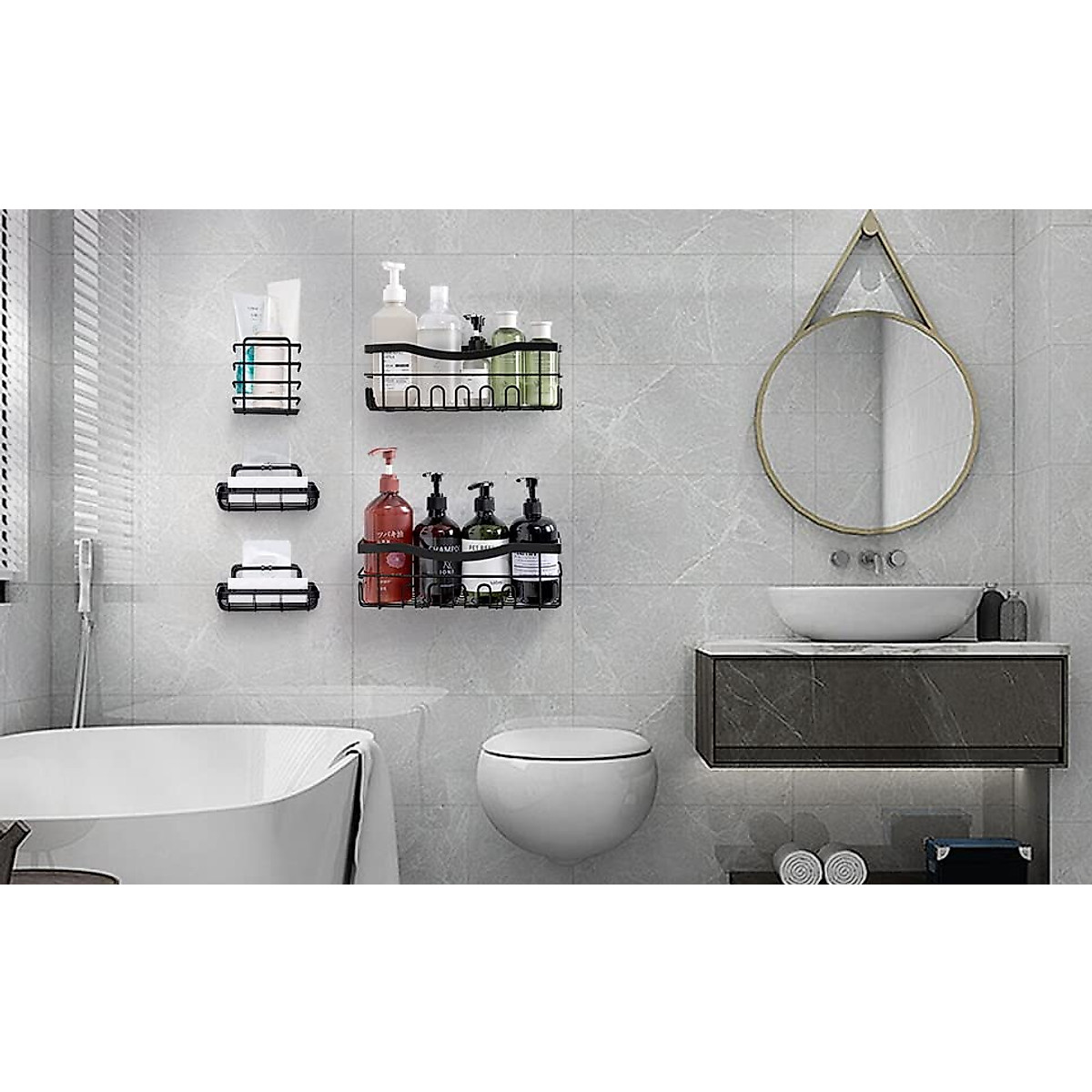 TBESTOACC Shower Caddy 5 Pack, Adhesive Bathroom Organizer, Rustproof Stainless Steel Shower Organizer, No Drilling Bathroom Shelves, Perfect for Bathroom, Kitchen, Dorm