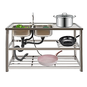 Free Standing Stainless-Steel Double Bowl Stainless Steel Utility Sink, Commercial Restaurant Kitchen Sink Set w/Faucet & Drainboard, Washing Hand Basin w/Workbench & Double Storage Shelves