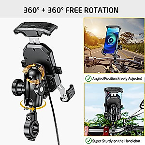 iMESTOU Anti-Theft Motorcycle Wireless Phone Mount Charger 15W & USB C 3A Handlebar 1" Ball Stem Phone Holder Works with 12V/24V Vehicle/USB Socket 720 Rotation Quick Charge for 4.0-7.0" Cellphones