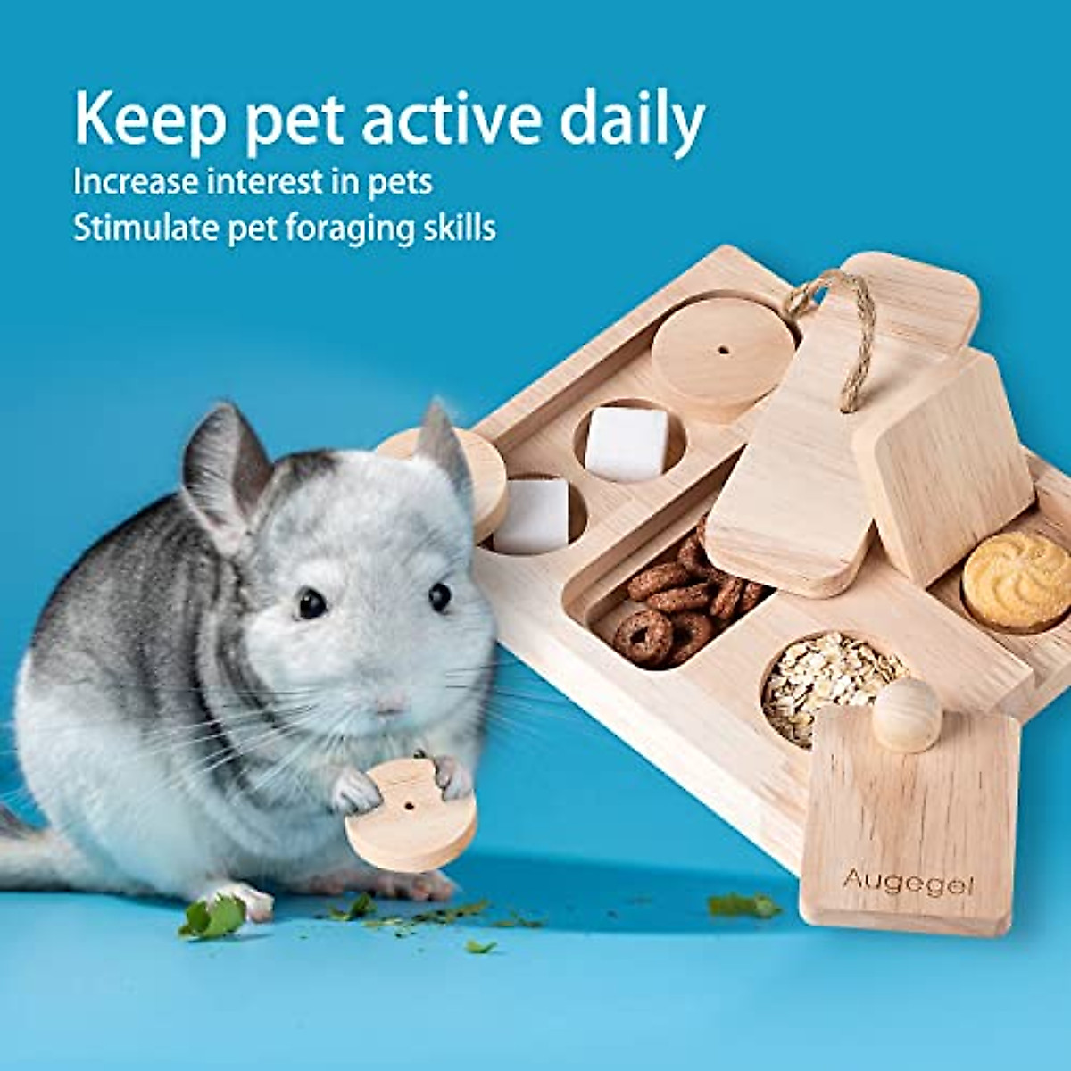 Augegel Guinea Pig Foraging Toys, 5 in 1 Hamsters Wooden Interactive Enrichment Toys,Rabbit Puzzle,Treat Dispenser for Small Animal Funny Toys, for Bunny, Chinchillas, Hamsters, Rats and Gerbils