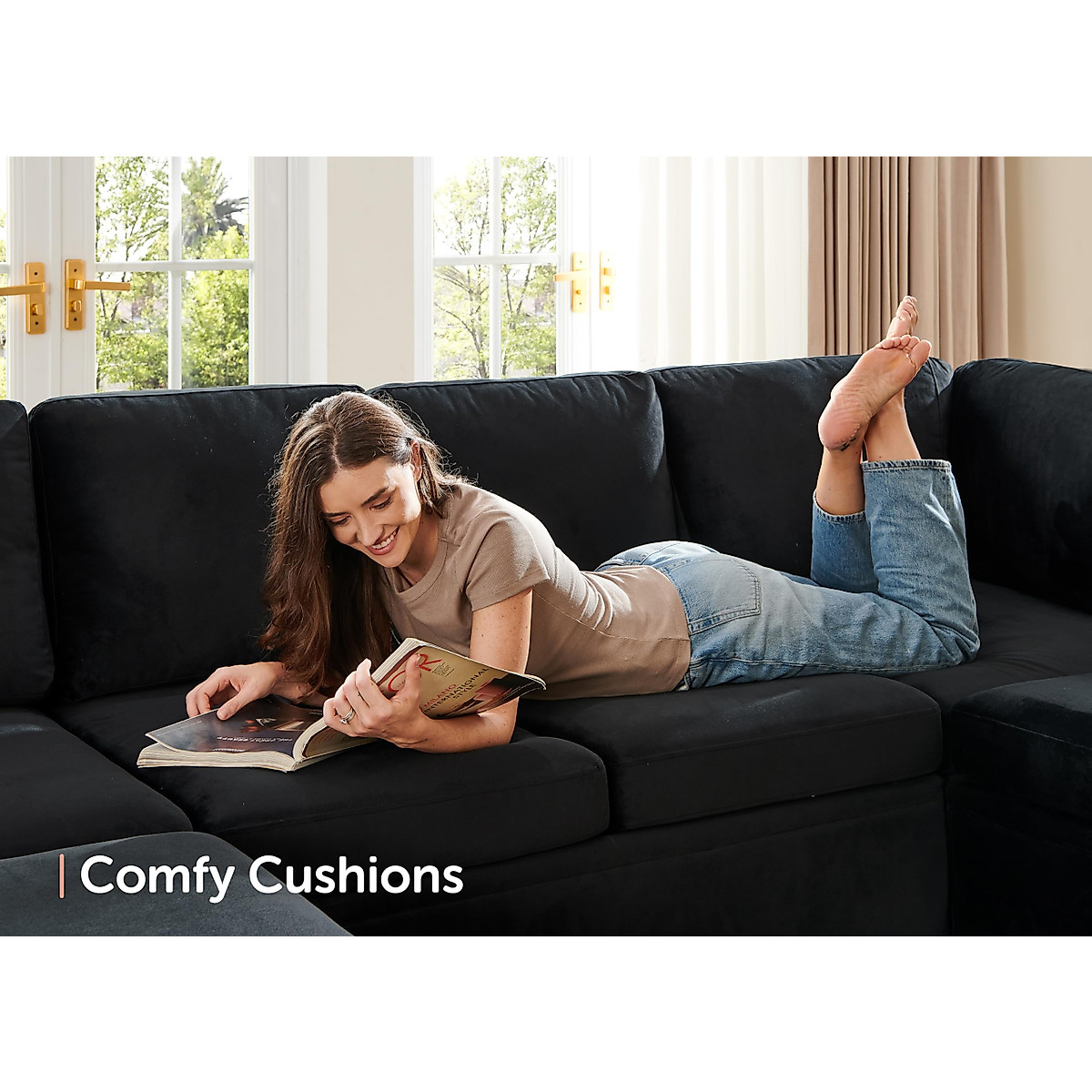 HONBAY Modular Sectional Couch with Storage, Velvet U-Shaped Sectional Sofa with Storage Ottoman Convertible U-Shaped Sofa for Living Room, Black