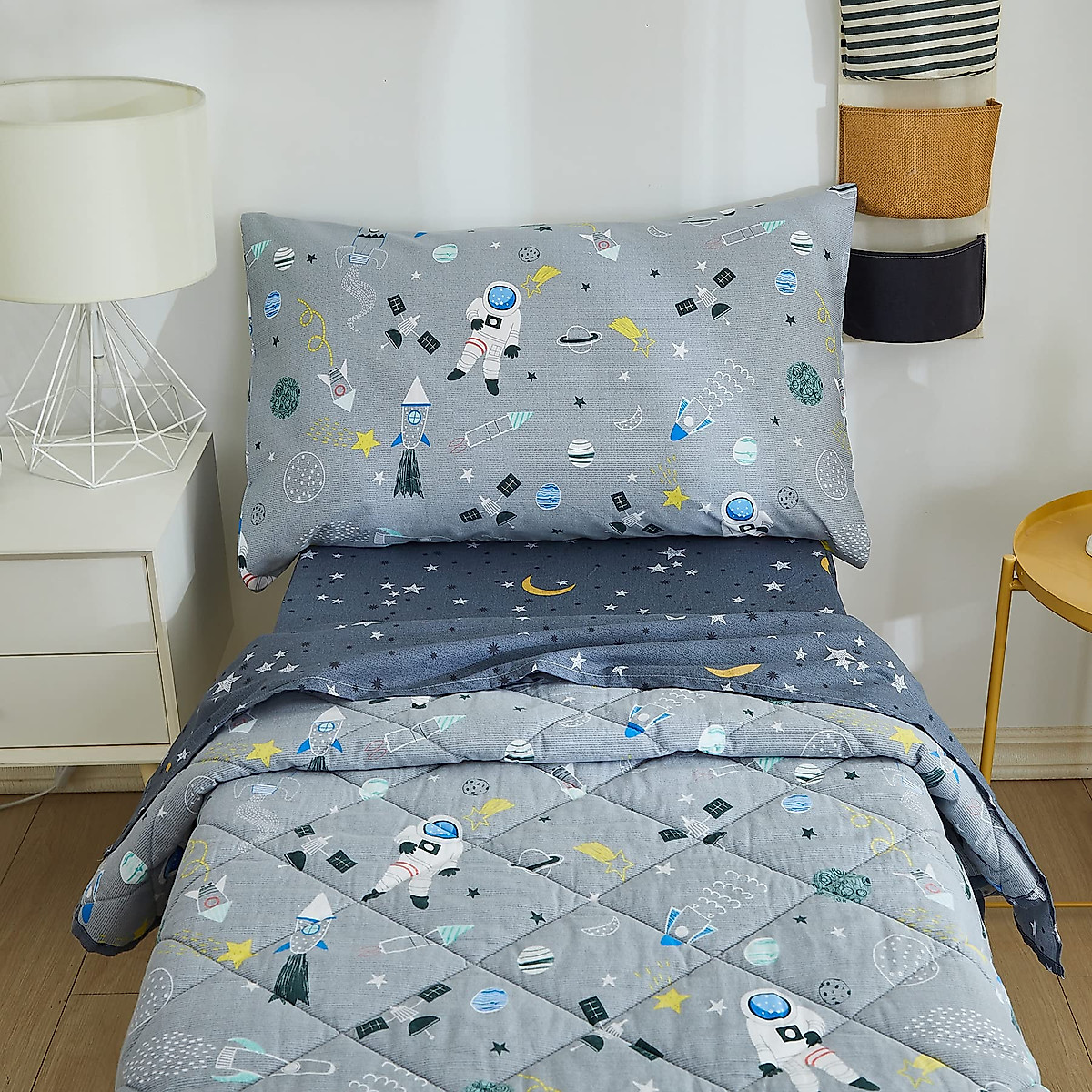 Brandream 4-Piece Toddler Bedding Sets for Boys Space Rocket Galaxy Bed Sheet Set Girls Includes Comforter, Top Flat Sheet, Fitted Sheets and Pillowcases, Cotton
