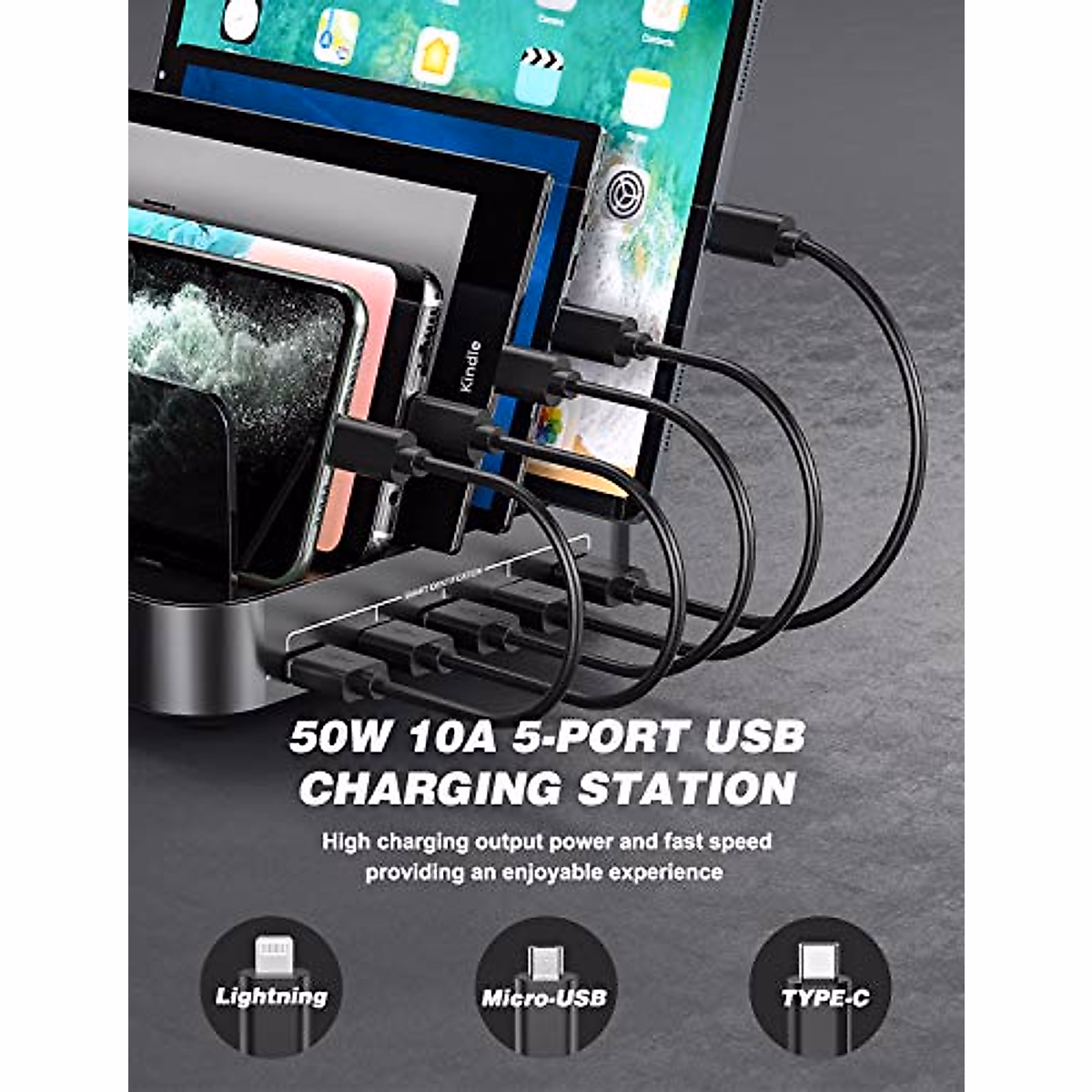Charging Station for Multiple Devices, 50W Multi USB Charger Station,5 Ports Charging Dock with 8 Short Mixed Cables Watch & Airpod Stand Included for iPhone, iPad, Cell Phone, Tablets