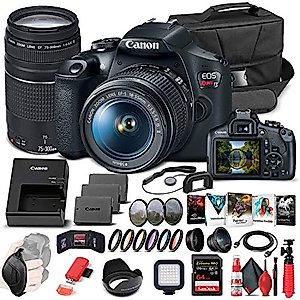 Canon EOS Rebel T7 DSLR Camera with 18-55mm and 75-300mm Lenses (2727C021), 64GB Memory Card, Corel Photo Software, 2 x LPE10 Battery, Card Reader, LED Light, Filter Kit + More (Renewed)