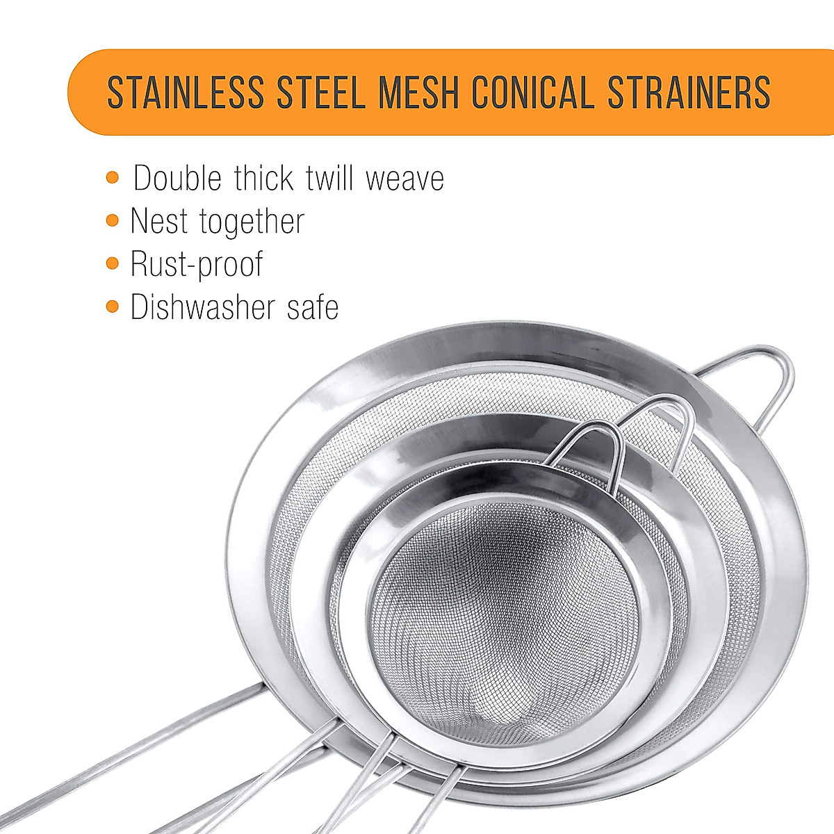 U.S. Kitchen Supply - Set of 3 Premium Quality Extra Fine Twill Mesh Stainless Steel Conical Strainers - 3", 4" and 5.5" Sizes - Chinois to Sift, Strain, Drain and Rinse Vegetables, Pastas & Teas