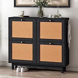 Wekity Rattan Boho Style Shoe Cabinet with 4 Flip Drawers, Modern 2-Tier Shoe Storage Organizer with Large Space, Free Standing Shoe Rack for Entrance Hallway (Black)
