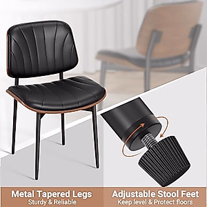 REONEY Dining Chairs Set of 2, Mid-Century Modern Upholstered PU Leather Chairs with Walnut Bentwood Back and Metal Legs Adjustable Feet for Kitchen Dining Room, Black Shell Strips