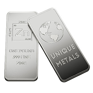 1 Pound .999 Pure Zinc Bar Bullion with Element Design - Unique Metals