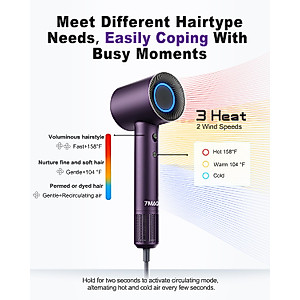 7MAGIC High-Speed Hair Dryer, 110,000RPM Brushless Motor for Fast Drying, 1400W Blow Dryer with Tri-Colour LED Light Ring, Low Noise Ionic Hair Dryer for Home and Travel, Magnetic Nozzle, Purple