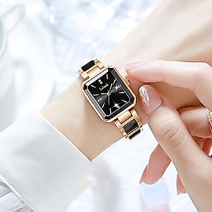 devaco Stainless Steel Rose Gold Diamond Quartz Wristwatch, Fashionable Square Waterproof Date Ladies' Watch (Black-glod)