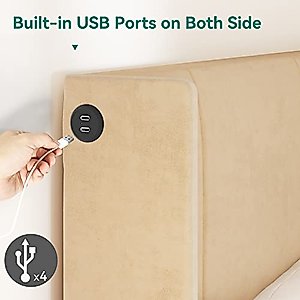 YITAHOME Queen Size Bed Frame, Platform Bed Frame with Storage Drawers, Upholstered Bed Frame with Headboard Built-in 2 USB Charging Stations and Strong Wood Slats Support, No Box Spring Needed, Beige