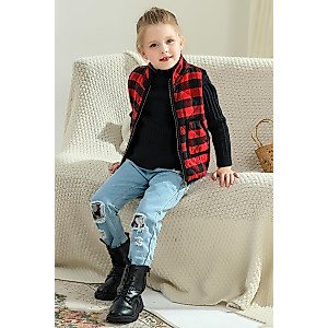 MAMAMI Kid Little Girls Puffer Lightweight Plaid Quilted Vest Cute Winter Outwear Padded Outfit(7-8 Years, Red&Black)
