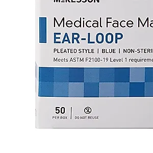 McKesson Medical Face Masks, Level 1 - Pleated with Ear Loops, Non-Sterile, Blue - One Size Fits Most Adults, 7 in x 3.75 in, 50 Count, 1 Pack