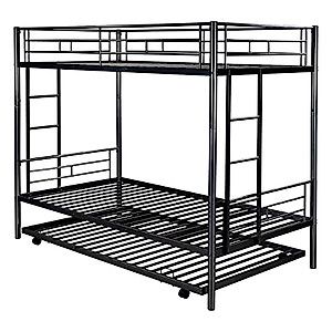 HICOMILA Metal Bunk Bed with Trundle, Twin Over Twin Bunk Bed for Kids, Teens, Adults, Can be Separate into Two Individual Twin Beds, Black