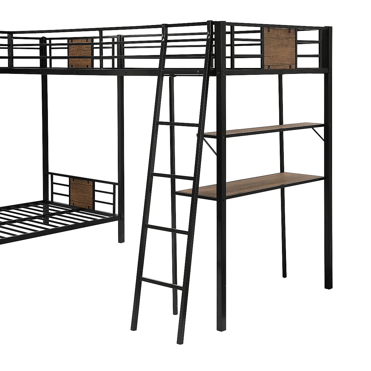 Polibi L-Shaped Metal Corner Bunk Bed with Two Ladders, Twin Over Twin Bunk Bed with Twin Loft Bed w/Desk and Shelf