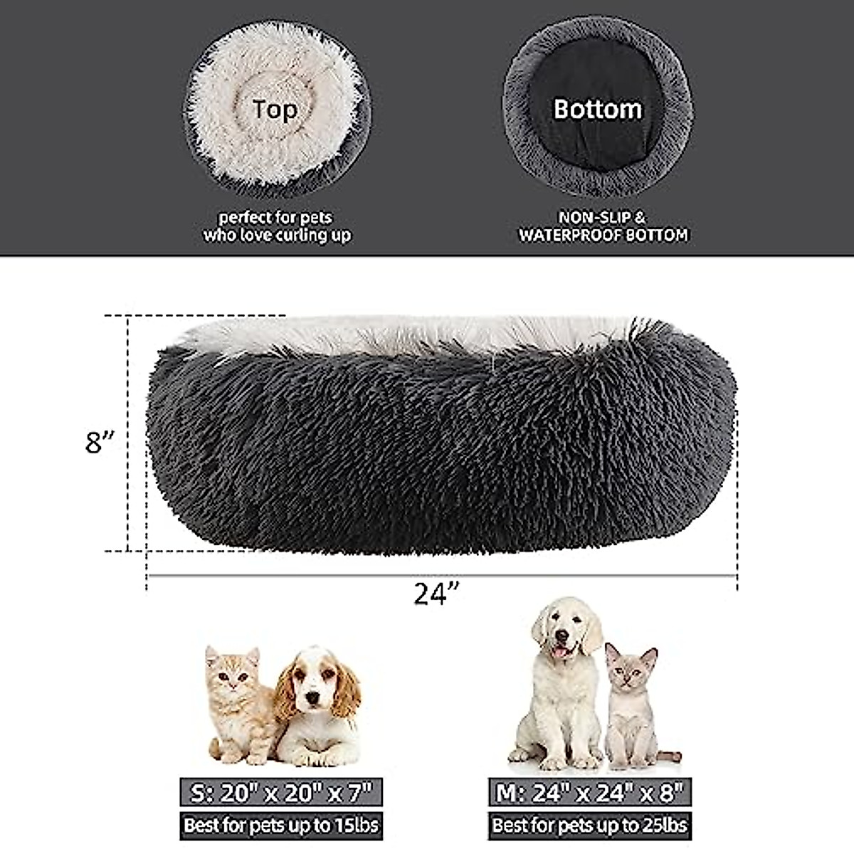 Something Different Calming Dog & Cat Bed, Anti-Anxiety Donut Cuddler Warming Cozy Soft Round Bed, Fluffy Faux Fur Plush Cushion Bed for Small Medium Dogs and Cats,24”,Dark Grey