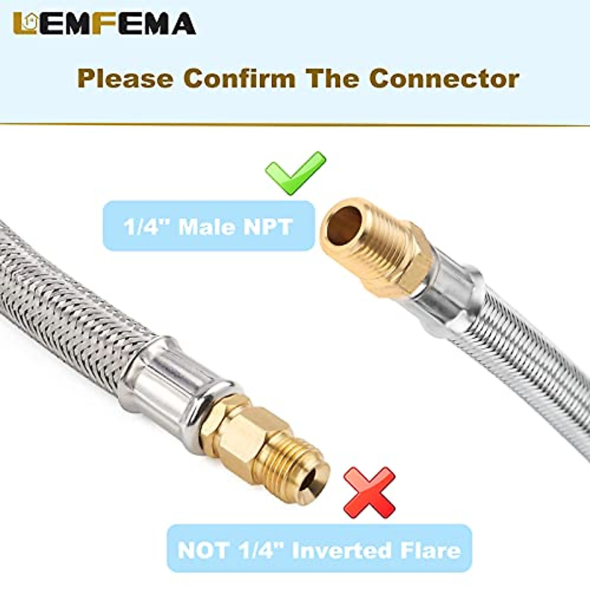 Lemfema 15 inch RV Propane Hose, 1/4" Male NPT Stainless Steel Braided Propane Hose with QCC1 for Standard 2-Stage Regulator, Include Thread Seal Tape, 2 Pack