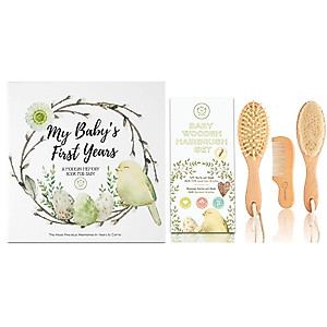 Baby Memory Book & Baby Natural Goat Hair Brush Bundle - Newborn Baby Shower Set for Baby Boy & Girl - Natural & Newborn Safe - Keepsake Journal Book for Newborn Babies