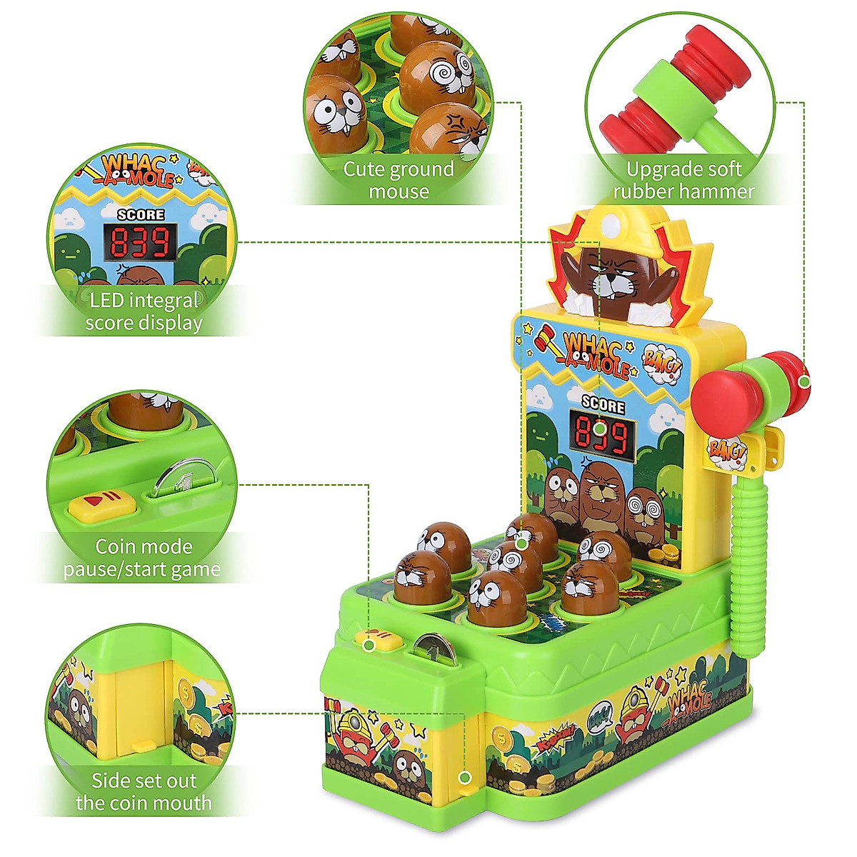 EOKKTOY Arcade Game Mole Toy,Interactive Pounding Toy, Fun Gift for Age 3 4 5 6 7 8+ Years Old Kids,2 Hammers & 12 Game Currency Included, Cartoon Mole Style Fun Halloween Toy with Sound & Light