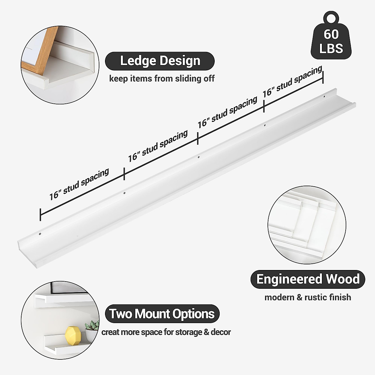 Axeman White Picture Ledge Shelf 72 Inches Long, Floating Shelves for Photo Frame Display, Wall Mounted Floating Shelves with Lip for Kids' Room, Living Room, Home Office - White