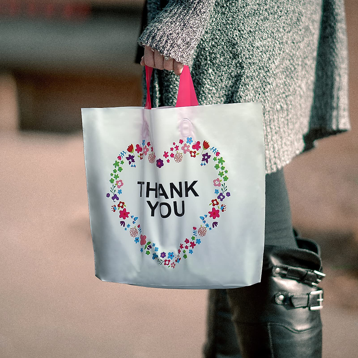 50Pcs Beige Thank You Bags for Small Business,Boutique Bags with Soft Loop Handle,Plastic Christmas Bags,Size:15"x12"x3"（38 * 30 * 8CM 2.8 Mil